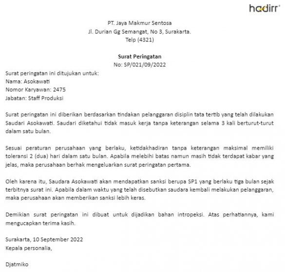Begini Contoh Surat SP Karyawan, HR Harus Tahu - Aplikasi Absensi ...