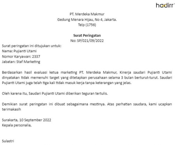 Begini Contoh Surat SP Karyawan, HR Harus Tahu - Aplikasi Absensi ...