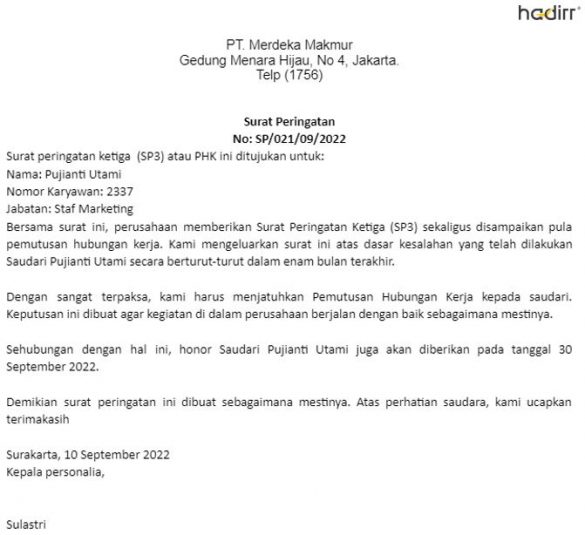 Begini Contoh Surat SP Karyawan, HR Harus Tahu - Aplikasi Absensi ...
