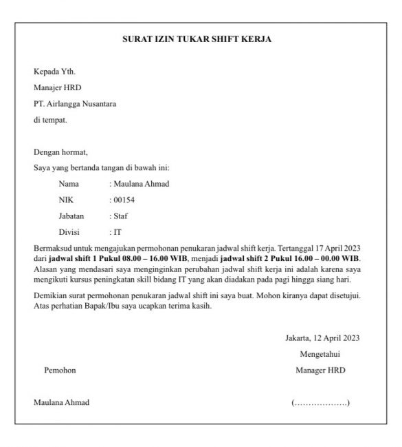 Contoh Surat Tukar Shift Kerja - Aplikasi Absensi Online Karyawan